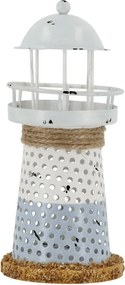 Bílo-modrá kovová dekorace maják s Led Lighthouse - Ø 6,5*15 cm
