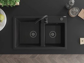 Mexen Tomas, granitový dřez 800x500x190 mm, 2-komorový, černá s černým sifonem, 6516802000-77-B