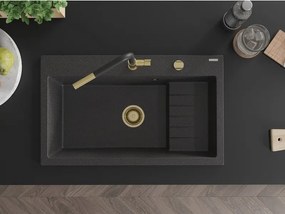 Mexen Omar, 1-komorový granitový dřez 800x480x210 mm, černá skvrnitá, zlatý sifon, 6520801005-76-G