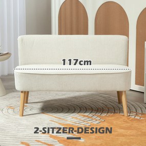 HOMCOM Moderní dvoumístná pohovka bez opěrky se sametovým vzhledem, malá pohovka s dřevěnými nohami, 117 x 56,5 x 77 cm, Krémová