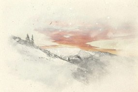 Obraz západ slunce nad zasněženými horami - 120x80 cm