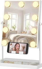HOMCOM Hollywood make-up zrcátko s osvětlením, 9 LED lamp, 3 barvy, dotykový spínač, držák na mobil, bílé