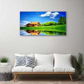 Obraz na plátně Dům Jezero Tráva Příroda 125x50 cm