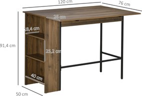 HOMCOM Rozkládací barový stůl Bistro stůl s 3 úložnými policemi a kovovým rámem do kuchyně 120x76x91,4 cm Hnědá