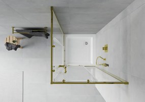 Mexen Rio, čtvercový sprchový kout s posuvnými dveřmi 80 (dveře) x 80 (dveře) x 190 cm, 5mm čiré sklo, zlatý profil + bílá sprchová vanička RIO, 860-080-080-50-00-4510