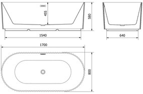 Mexen Paola, volně stojící vana, drážkovaná, 170 x 80 cm, černá matná, zlatý lesklý přepad, 52721708071-50