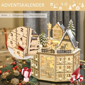 HOMCOM Adventní kalendář, box na adventní kalendář, vánoční dekorace, LED světla, 24 zásuvek, přírodní