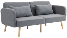 HOMCOM 3místná pohovka s funkcí spaní, 170x83x80cm, s 3stupňovým nastavením opěradla a nohou, vlnité pružiny, přehozové polštáře, vzhled lnu, šedá| A…