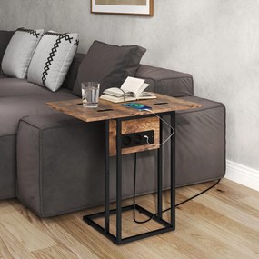 HOMCOM Skládací příruční stolek, nabíjecí stanice s USB porty, kov, 39 x 29 x 57 cm, hnědá