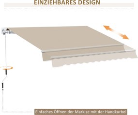 Manuální zatahovací kazetová markýza Outsunny 3,95 m s kličkou pro balkón - sluneční clona, stěnová montáž, hliník, Bílá + Béžová 395 x 245 cm
