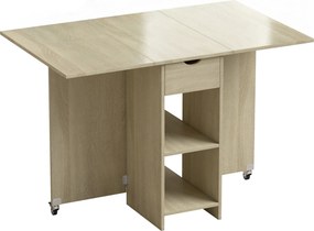 HOMCOM skládací jídelní stůl s šuplíkem a 2 policemi, pro 2–4 osoby, moderní úsporný stůl do kuchyně/jídelny, přírodní dřevo, 114,5 × 70 × 75 cm