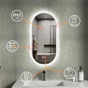 Erga Demi, oválné LED zrcadlo 40x80cm, 3 barvy světla, přední osvětlení, topná podložka proti zapaření, ERG-V01-DEMI-4080-CL
