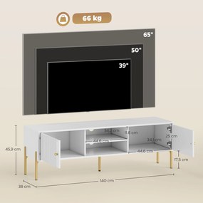 HOMCOM Moderní TV stolek – 2 dveře, 2 otevřené přihrádky, průchod pro kabely, pro TV až 65 palců, 140 x 38 x 45,9 cm, bílá