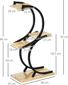 Outsunny police na rostliny S-ramena na květiny 4-úrovňový stojan na rostliny s kovovým rámem a masivním dřevem černý 46x25x91cm pro zahradu a balkon…