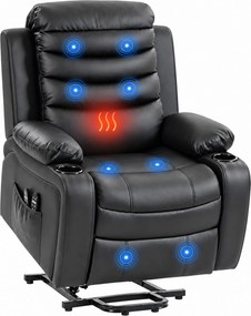 HOMCOM elektrické relaxační křeslo s funkcí vstávání, vibrační masáží a teplem, USB připojení, dálkové ovládání, černá