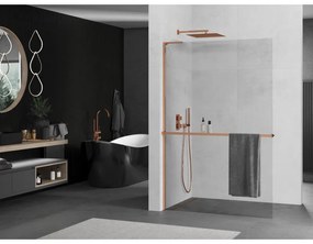Mexen Kioto+ L, sprchová zástěna Walk-In s poličkou a věšákem 95 x 200 cm, 8mm čiré sklo, růžové zlato profil, 800-095-123-60-00