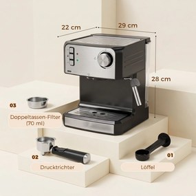 HOMCOM Espresso stroj, 20-bar kávovar s tryskou na našlehání mléka, 1,6 l nádrž na vodu, černý