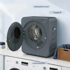HOMCOM Mini sušička prádla 4 kg s 5 programy až do 60℃ 800W/400W odvětrávací sušička s nerezovým bubnem šedá