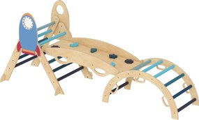 AIYAPLAY 8v1 Montessori dřevěný lezecký trojúhelník, raketový motiv, s obloukem a rampou pro děti 18-48 měsíců, modrá