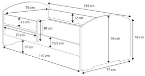ADRK Postel PEPE GIRL WITH WINGS, CH-Pep-Bar-Gir-Wing-140-n-E637, 140x70 cm se zábradlím a matrací, bílá/grafika