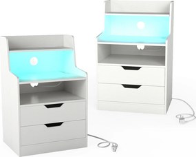Costway Sada 2 nočních stolků s LED světly a nabíjecí stanice