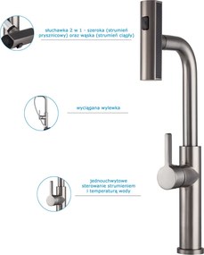 Gamma Rotary, vysoká dřezová baterie s výsuvným výtokem h-415, grafitová, GMA-BR-GM