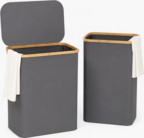 koš na prádlo, objem 75 l, s víkem, skládací, oxford/bambus, 49x45x35 cm, šedá/přírodní, Dekorino KP20260011