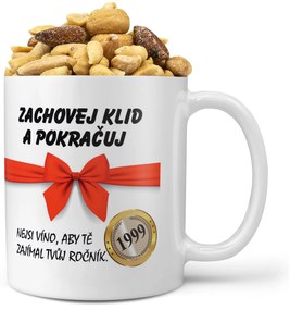 Hrnek Zachovej klid (rok: 1999, Náplň hrníčku: Směs slaných oříšků)