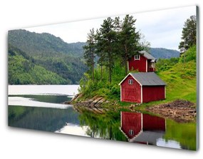 Obraz na skle Hory Dům Jezero Krajina 140x70 cm