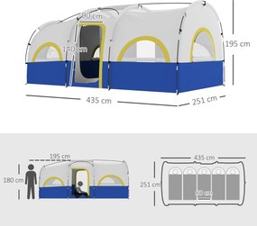 Outsunny Tunneltent, Stan pro 6 Osob se 3 Místnostmi, UV Ochrana, Síťová Okna, Odolný Rodinný Stan s Přenosnou Taškou, 3000mm Voděodolný Skupinový St…