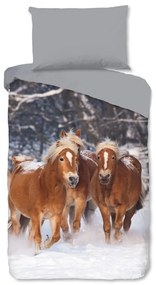 Šedé flanelové dětské povlečení na jednolůžko 140x200 cm Happy Horses – Good Morning