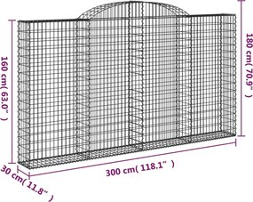 vidaXL Klenuté gabionové koše 3 ks 300x30x160/180cm pozinkované železo [3146576]