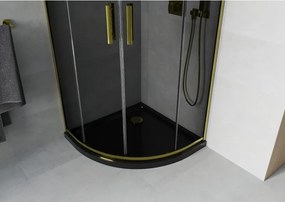 Mexen Rio, čtvrtkruhový sprchový kout s posuvnými dveřmi 90 (dveře) x 90 (dveře) x 190 cm, 5mm šedé sklo, zlatý profil + černá sprchová vanička SLIM, 863-090-090-50-40-4170G