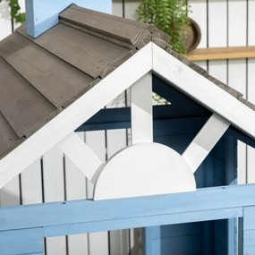 Dětský dřevěný domeček Outsunny pro venkovní hraní pro děti 3-7 let s dveřmi, okny, truhlíky a bočními ploty 151x112,5x142 cm Modrá