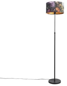 Stojací lampa černá s sametovým stínítkem s květinami 35 cm - Parte