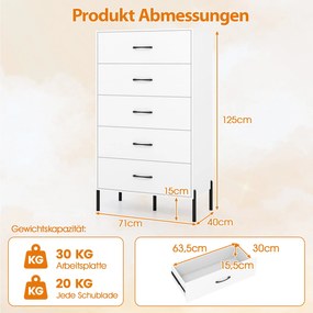 Costway 5-zásuvková komoda, moderní vysoká zásuvková skříň s kovovými nohami