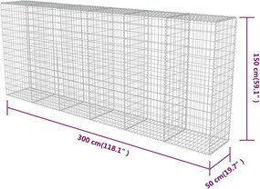Gabionová zeď s víky z pozinkované oceli 300 x 50 x 150 cm 143593
