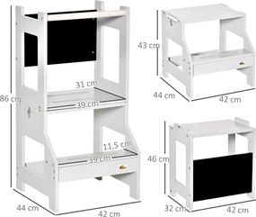 HOMCOM 2v1 učení věž a stolička pro děti 3+ let, přestavitelná na stůl s tabulí a bezpečnostním pruhem 42x44x86 cm Šedá