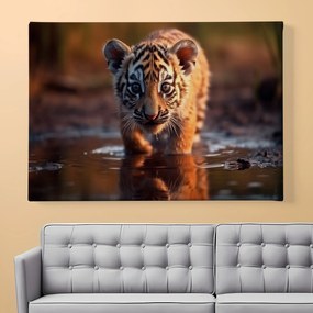 Obraz na plátně - Mládě tygra v louži FeelHappy.cz Velikost obrazu: 180 x 120 cm