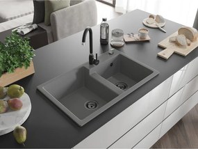 Mexen Tomas, granitový dřez 800x500x190 mm, 2-komorový, šedá s černým sifonem, 6516802000-71-B