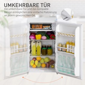 HOMCOM Mini lednička, kapacita 91 litrů, mrazák, nastavitelné police, tichý provoz, kompaktní rozměry, plast, ocel, bílá