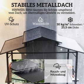 Grilovací Pavilion Outsunny 250 x 160 x 250 cm - Voděodolný Zahradní Pavilon s Dvojitým Středním Štítem, Bočními Policemi a UV Ochrannou, BBQ Pavilio…