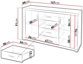 Kombinovaná komoda ARIKA - šířka 157 cm, dub lanýž