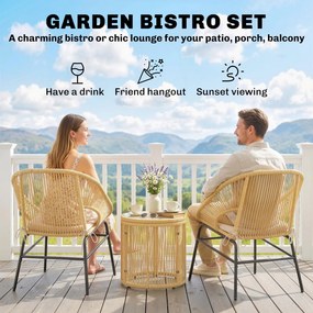 Outsunny 3dílný ratanový bistro set – 2 polstrovaná křesla a tvrzený skleněný stolek, béžová