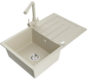 Mexen Bruno, 1-komorový granitový dřez s odkapávačem 795x495x200 mm a chromová baterie Duero, béžová, 6513-69-671600-69