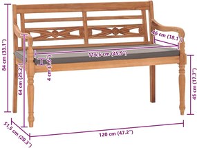 Lavice Batavia s tmavě šedou poduškou 120 cm masivní teak 316030