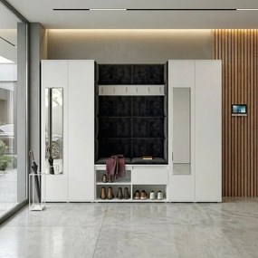 Předsíňová stěna Trinity 10 s čalouněnými panely, 280 cm, bílá / černá