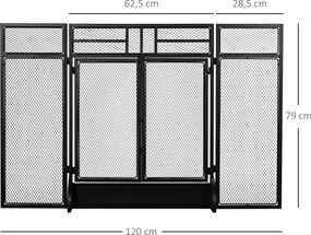 HOMCOM Oheň Obrazovka Skládací Ochranný Předek Krbu se 3-Dílnými Dvoukřídlovými Dveřmi a Dalšími Nohy 120x11.5x79 cm Černá Kovová Konstrukce