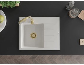 Mexen Ben, 1-komorový granitový dřez 600x500x190 mm, levý + zlatý sifon, bílá, 6522605000-20-G