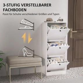 HOMCOM Botník se 3 skládacími dvířky, botník s nastavitelným děličem, štíhlý botník pro 12 párů bot 47 x 28 x 115 cm, bílý